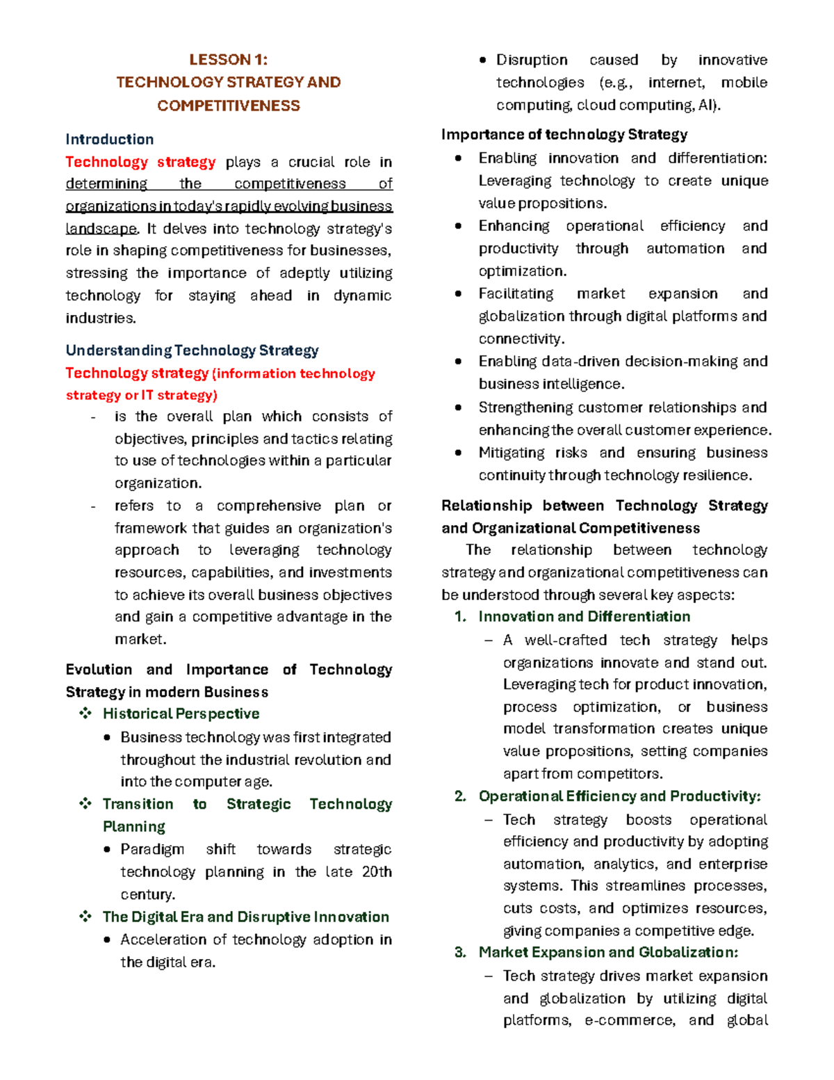 Professional Elec. - LESSON 1: TECHNOLOGY STRATEGY AND COMPETITIVENESS ...
