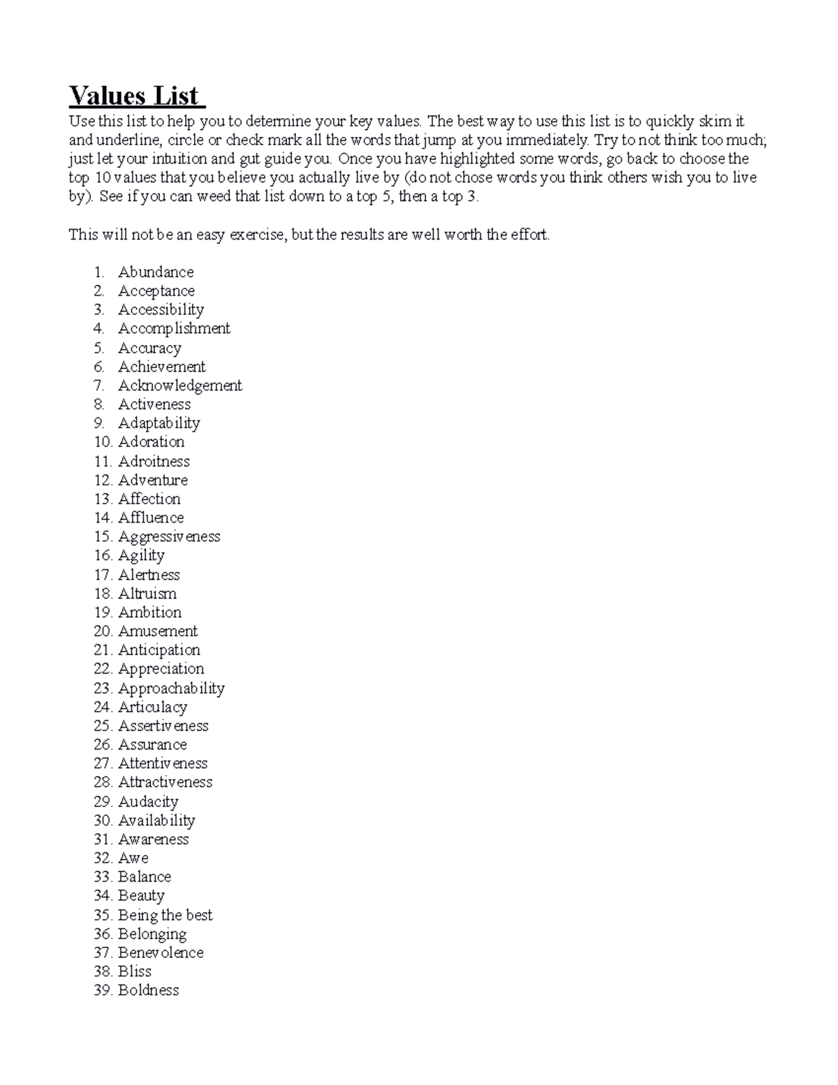 Values List - Use - Values List Use this list to help you to determine ...