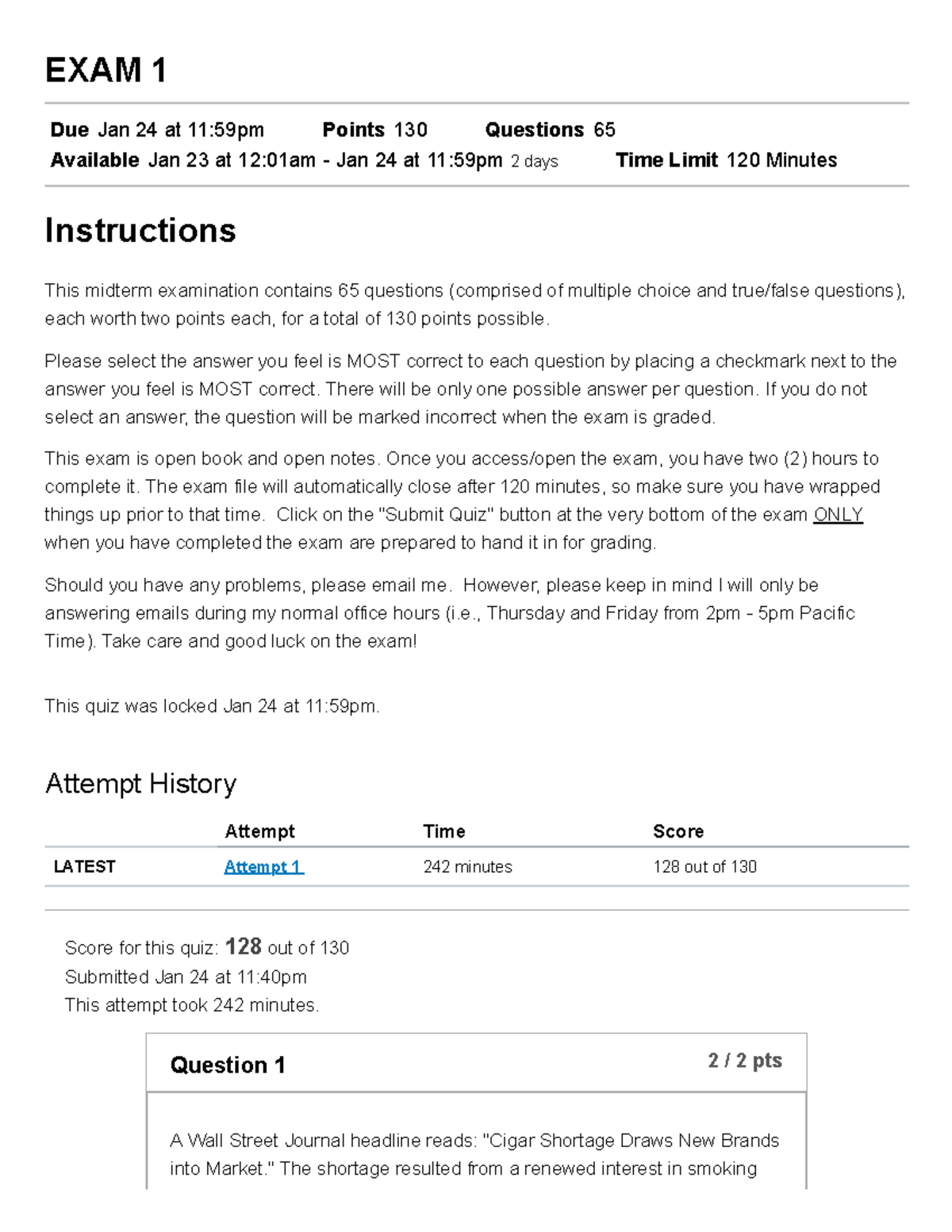 ECON 1A EXAM 1 - EXAM 1 Due Jan 24 at 11:59pm Points 130 Questions 65 ...