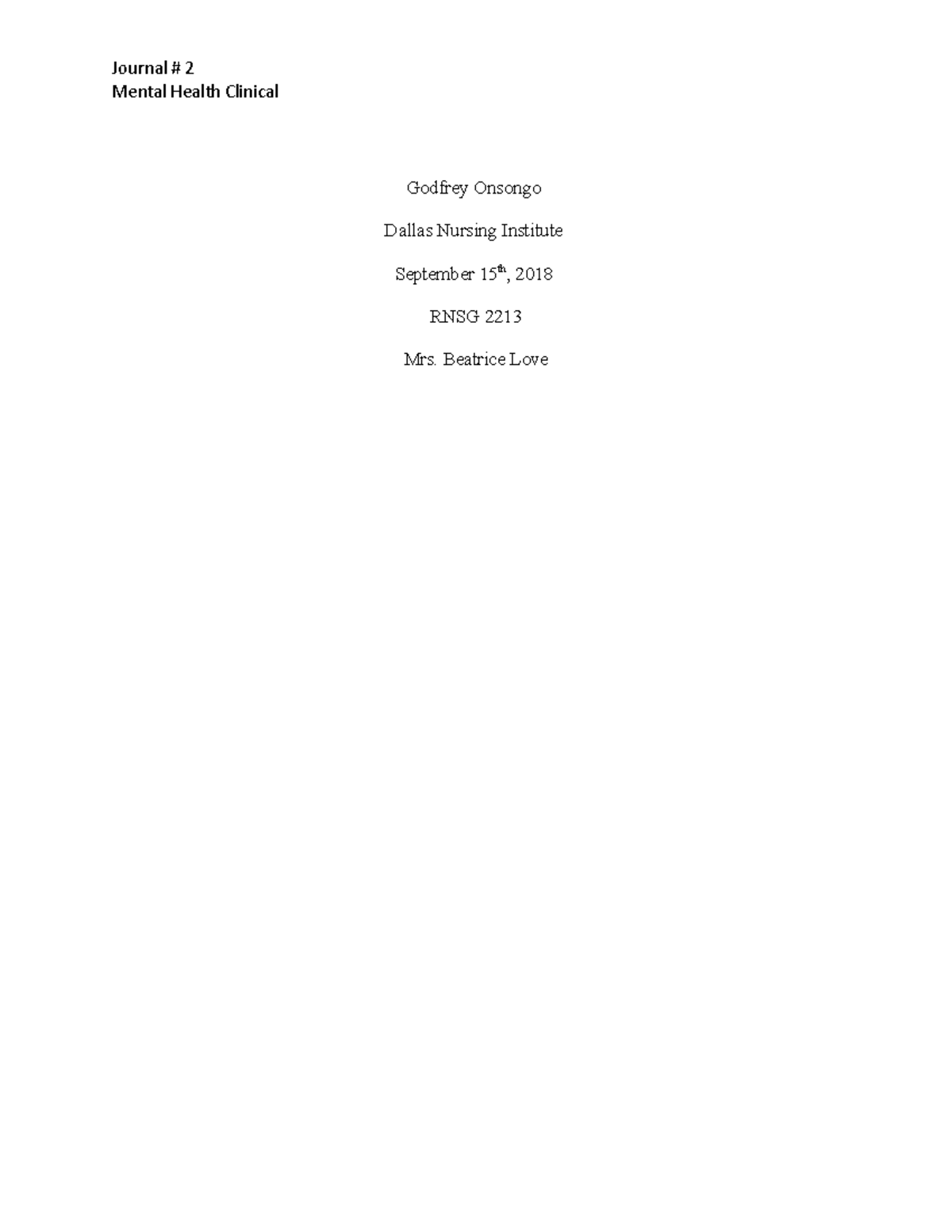 Clinical Journal 1- OB - Grade: 95 - Journal 2 Mental Health Clinical ...