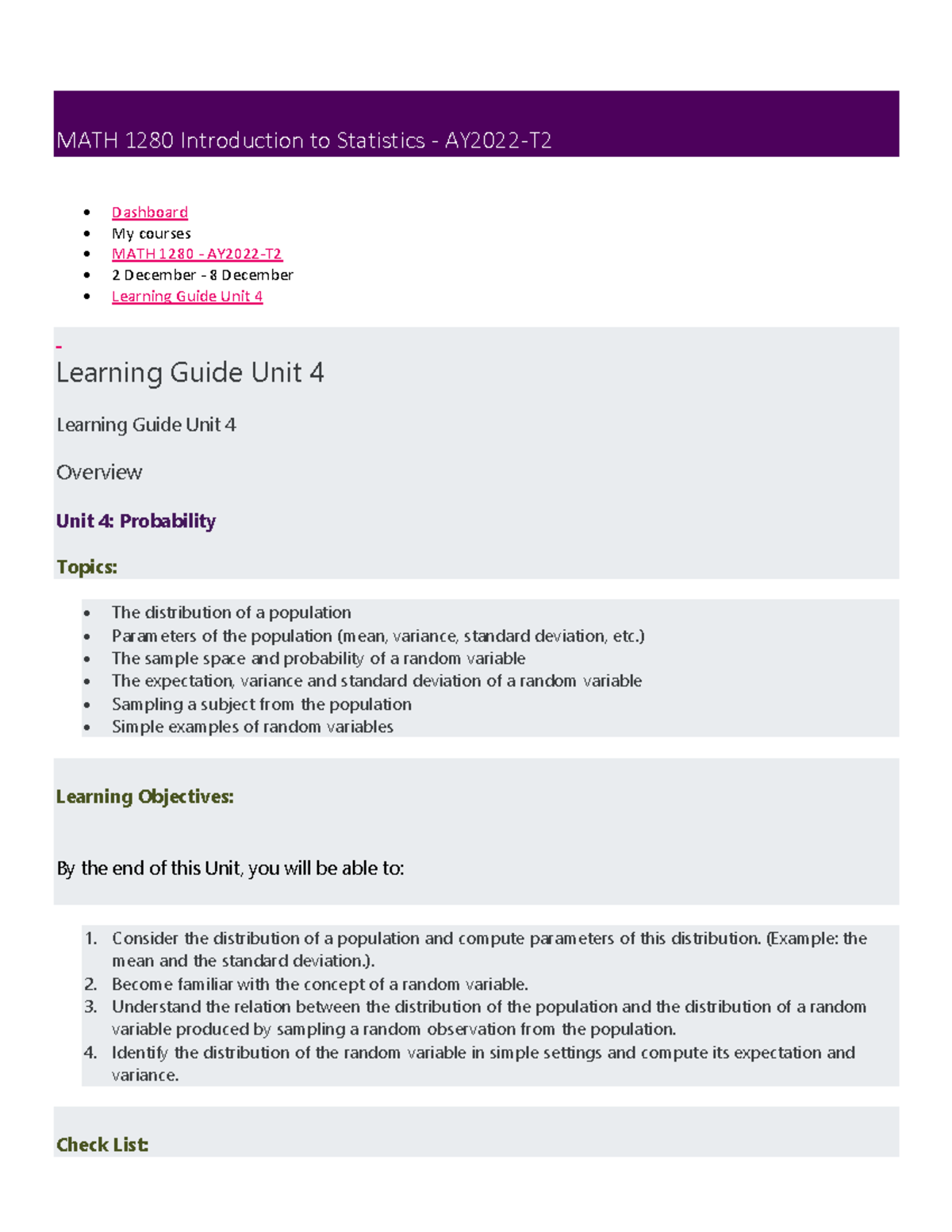 Learning Guide Unit 4 - Lecture notes 4 - MATH 1280 Introduction to ...