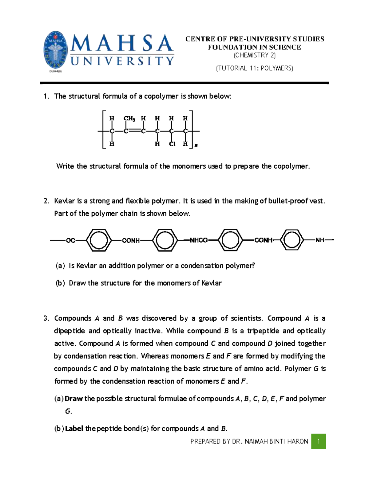 CEM3124 - Topic 11 (T) - Organic Chemistry, tutorial for reference ...