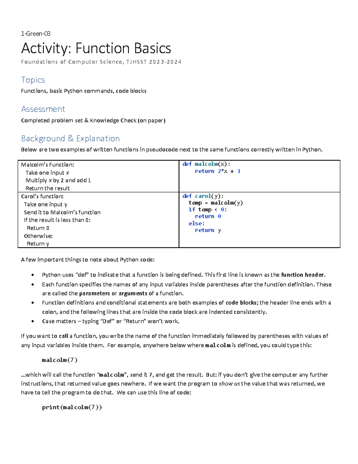 1-A-03 Function Basics Activity - 1 - Green- 03 Activity: Function Basics Foundations of ...