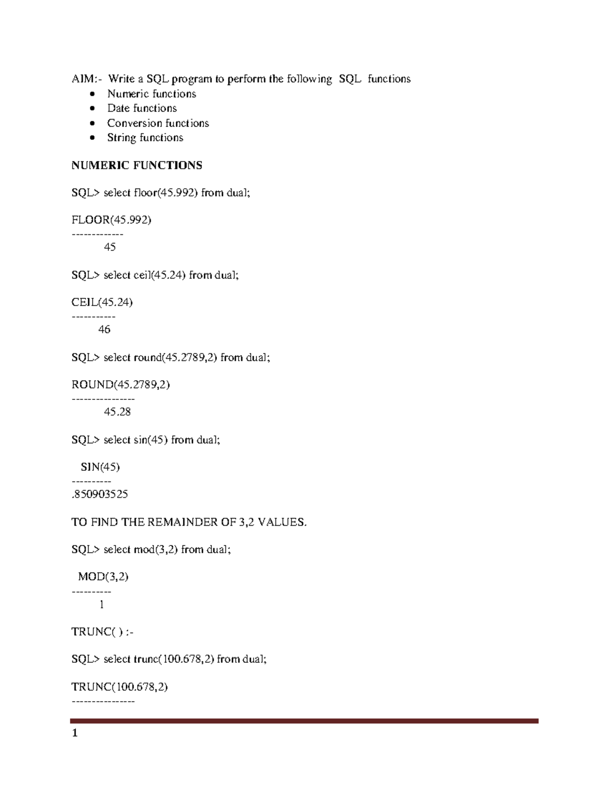 Dbms Lab Sub Query Aim Write A Sql Program To Perform The Following Sql Functions Numeric