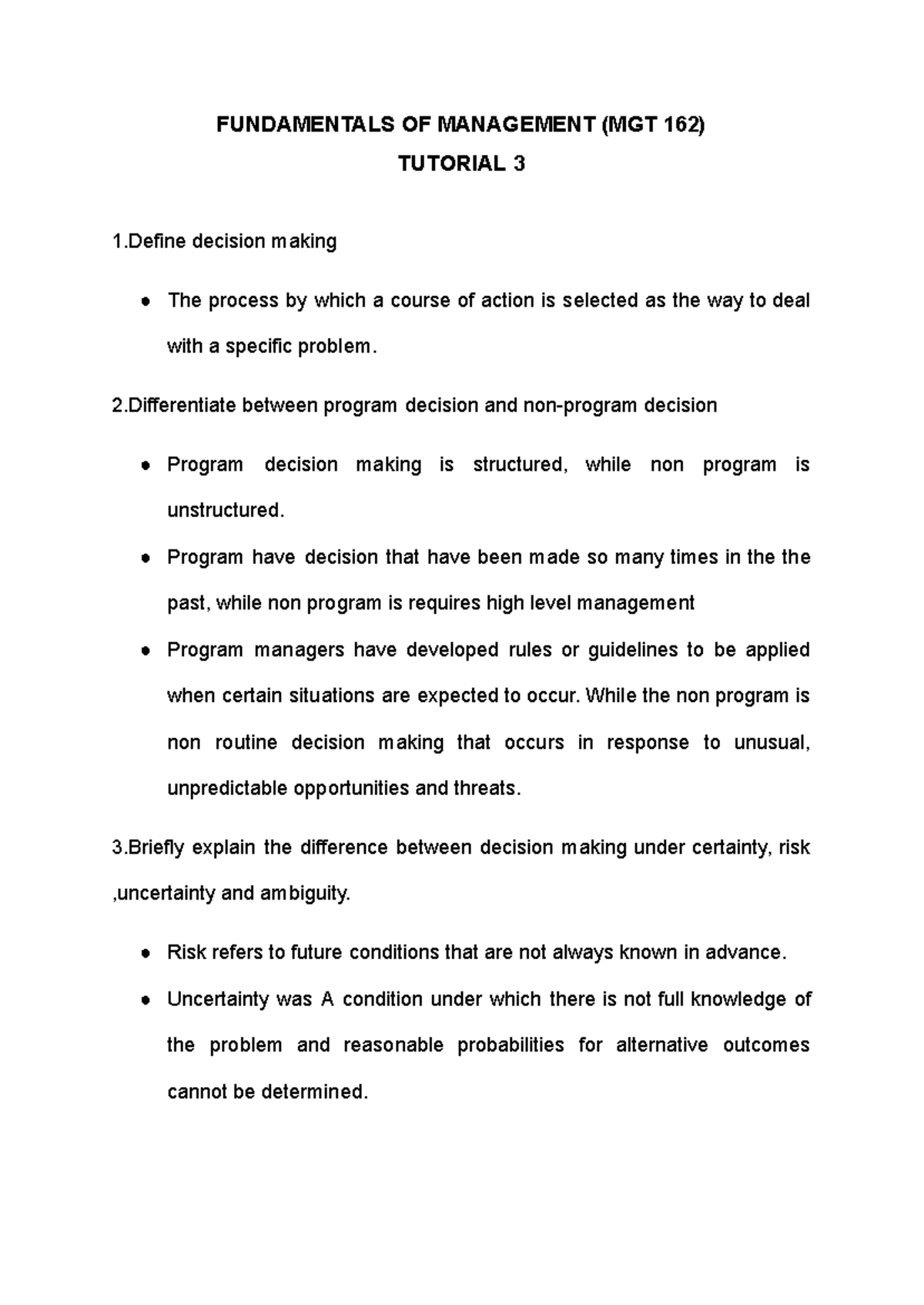 Tutorial 3 - Tuto - FUNDAMENTALS OF MANAGEMENT (MGT 162) TUTORIAL 3 1 ...