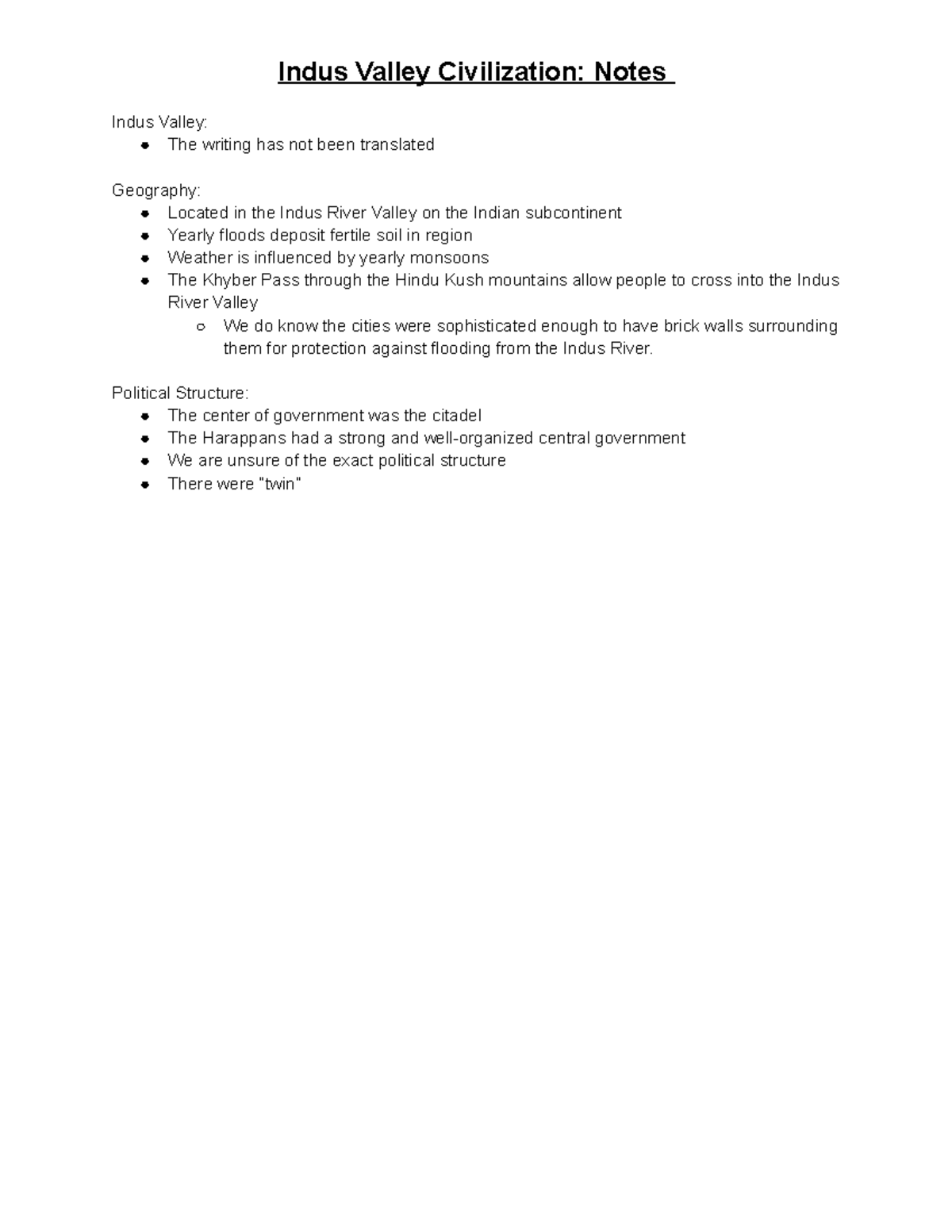 India and China Notes - Indus Valley Civilization: Notes Indus Valley ...