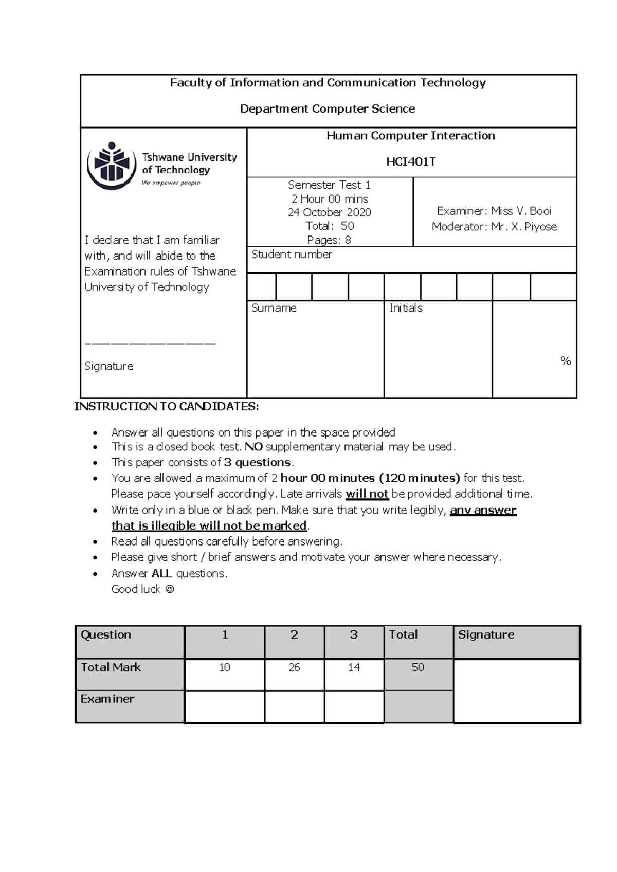 HCI401T Semester Test1 20201 Emalahleni Memorandumes - Faculty of ...