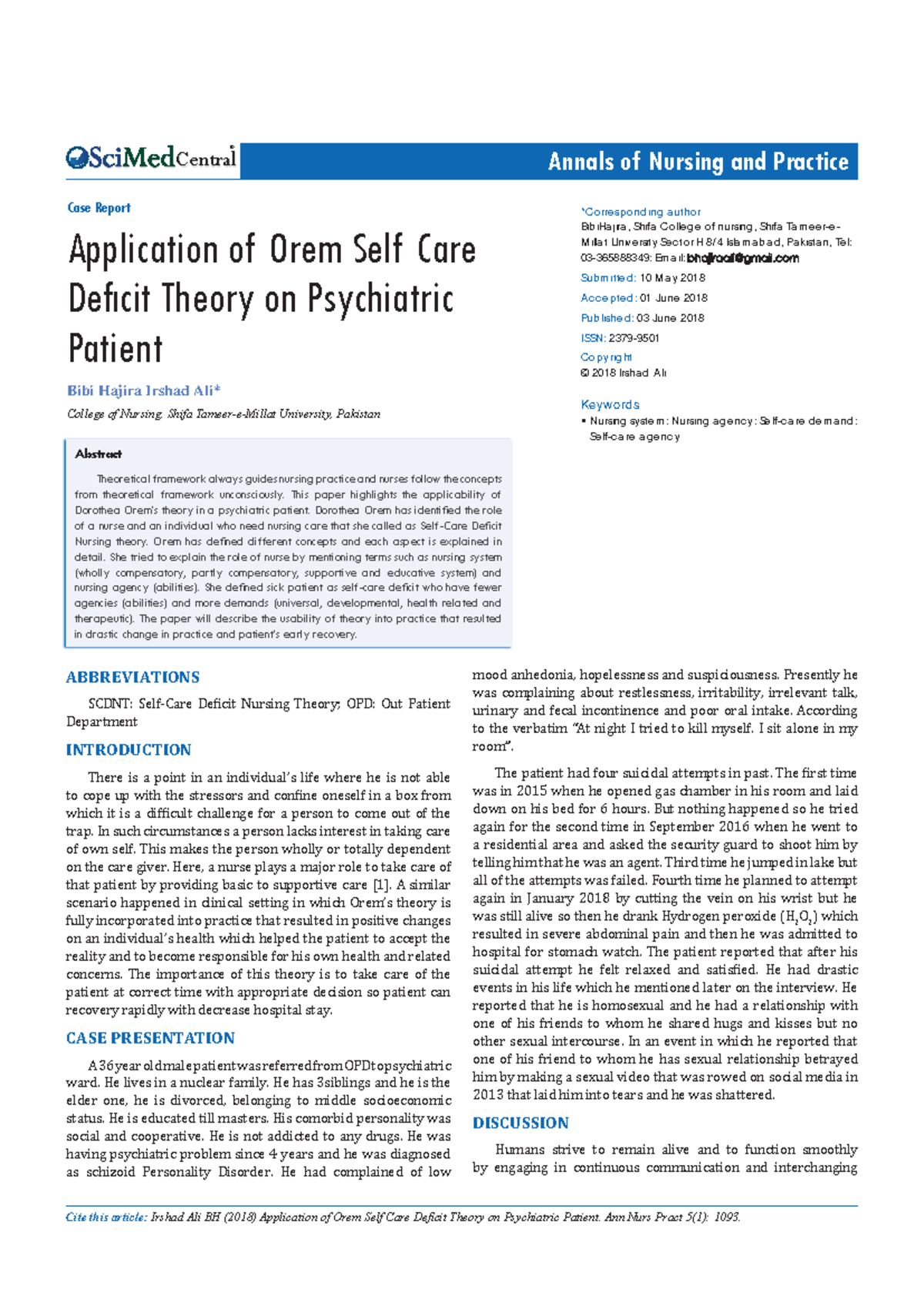 Application of Orem Self Care Deficit Theory on Psychiatric Patient ...