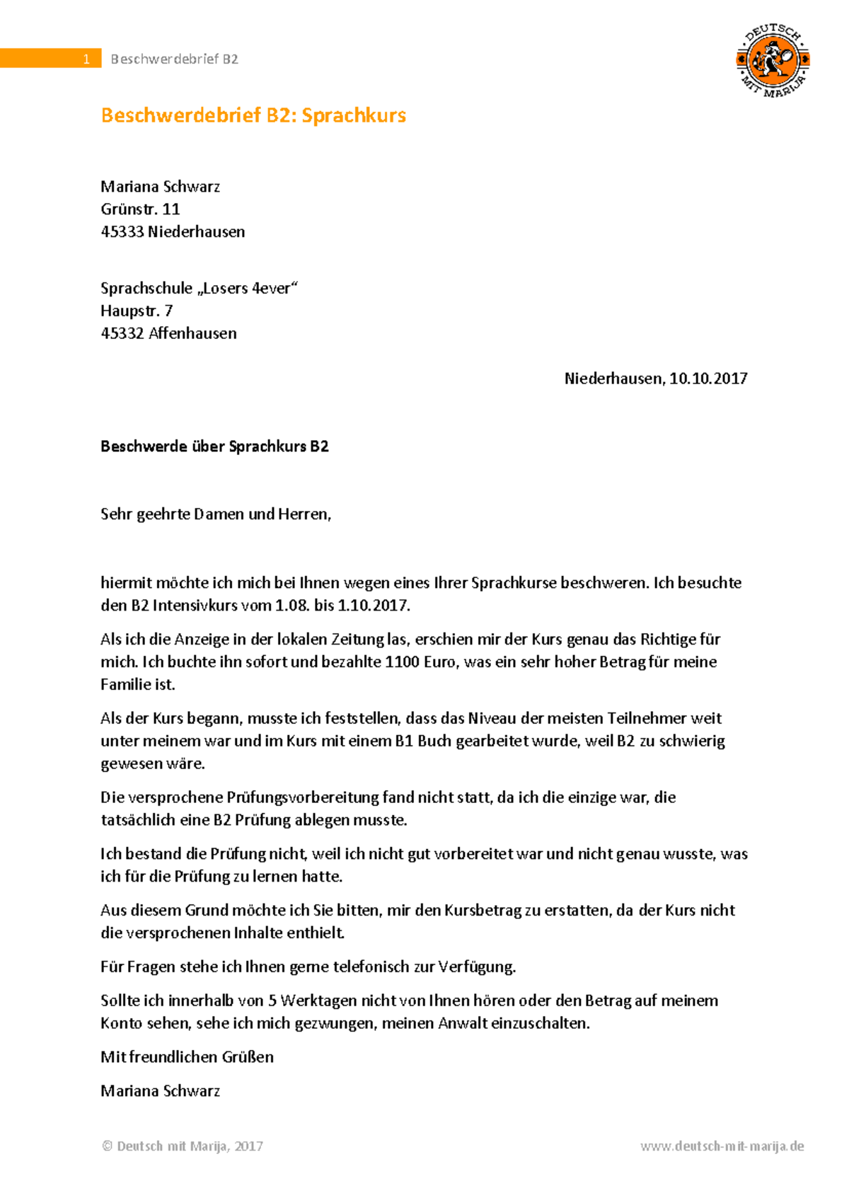Arbeitsblatt Beschwerdebrief Sprachkurs B2 - 1 Beschwerdebrief B ...