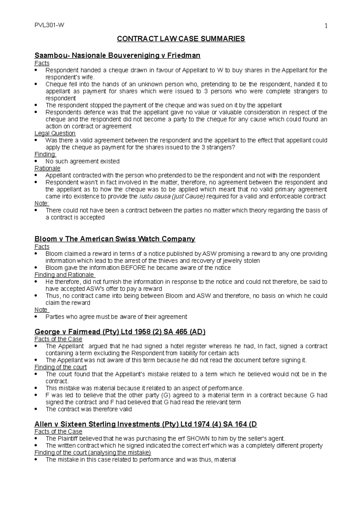 PVL3702-contract cases - CONTRACT LAW CASE SUMMARIES Saambou- Nasionale ...