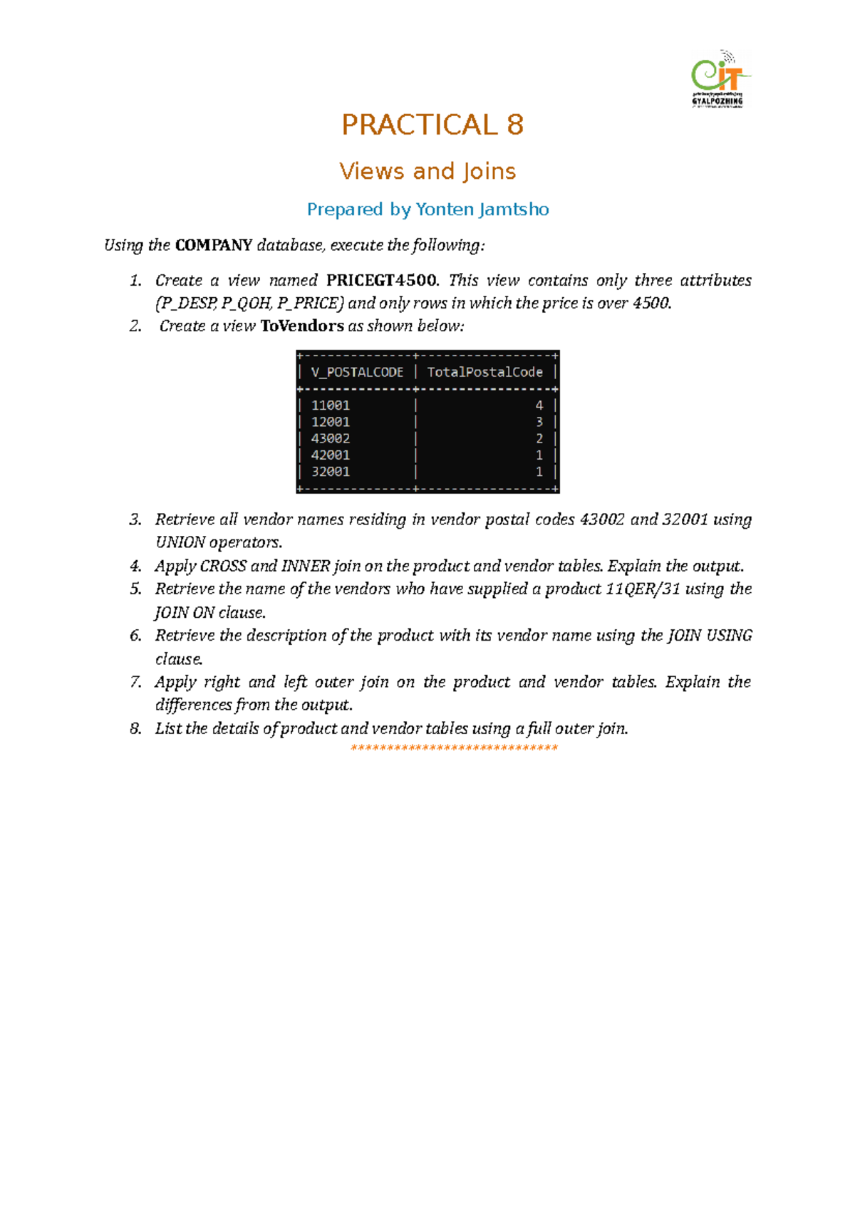 Lab 8 - For Database Design - PRACTICAL 8 Views and Joins Prepared by ...
