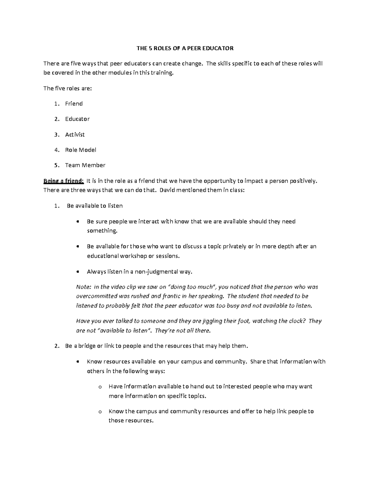 The 5 roles of a peer educator - THE 5 ROLES OF A PEER EDUCATOR There ...