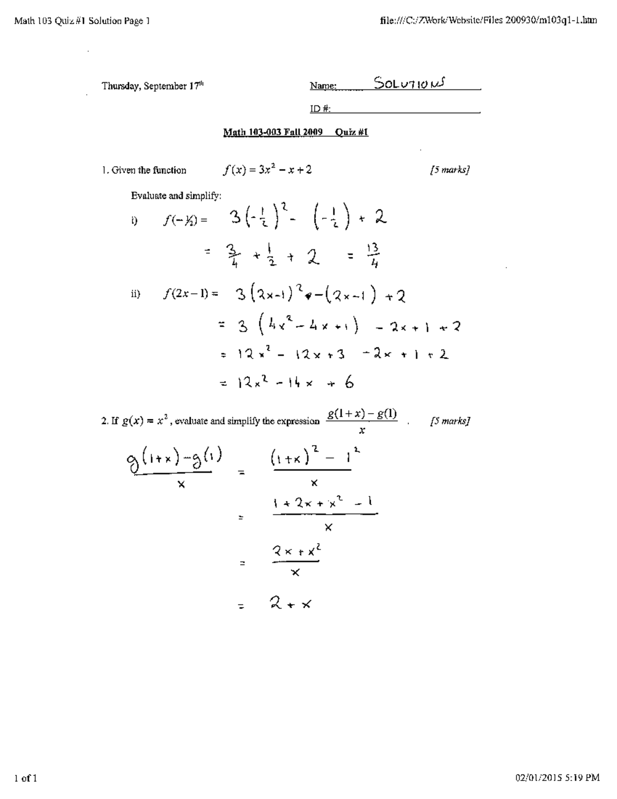 Sample quiz - MATH 103 - Studocu