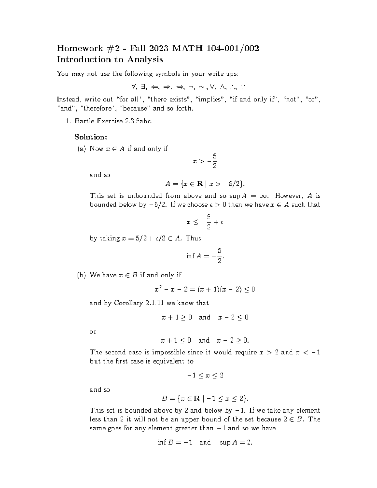 FA23 MATH 104 HW 2 - Homework #2 - Fall 2023 MATH 104-001/ Introduction to Analysis You may not ...