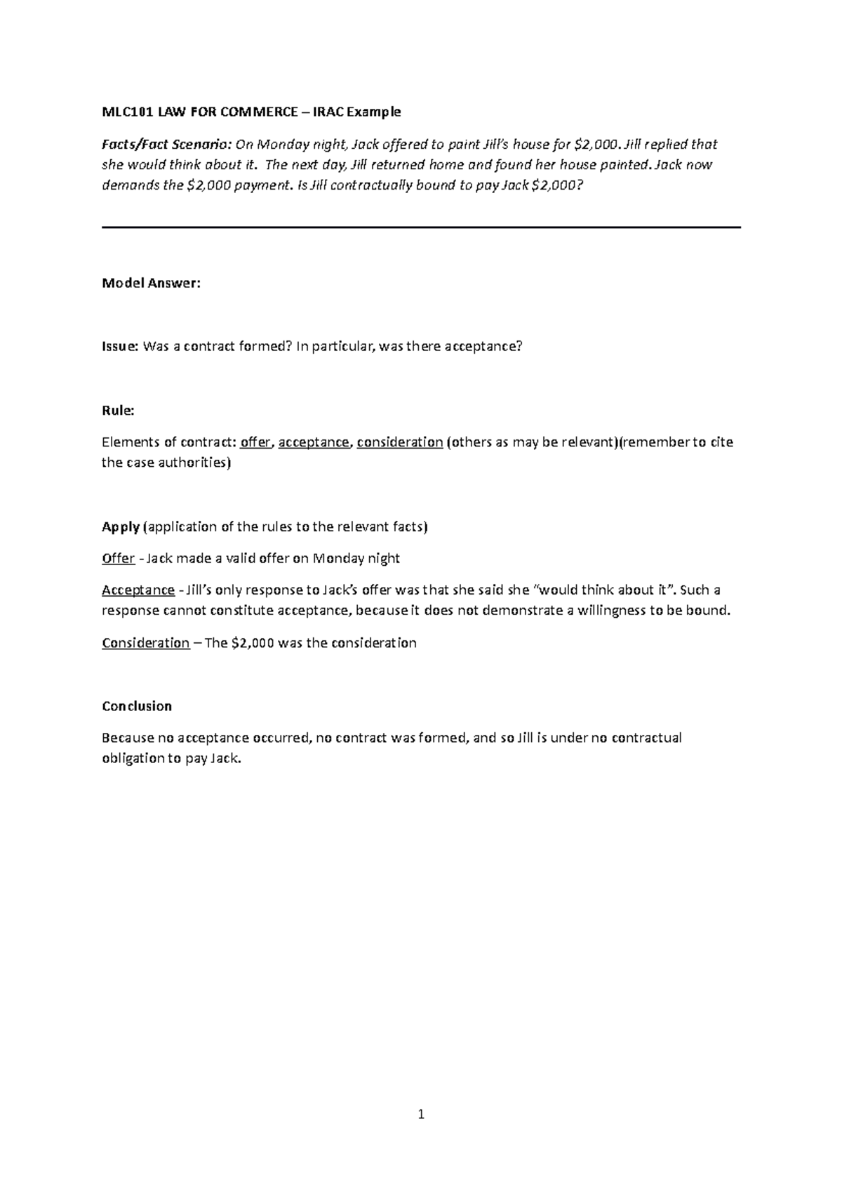 IRAC Example (Contract) - MLC101 LAW FOR COMMERCE – IRAC Example Facts ...
