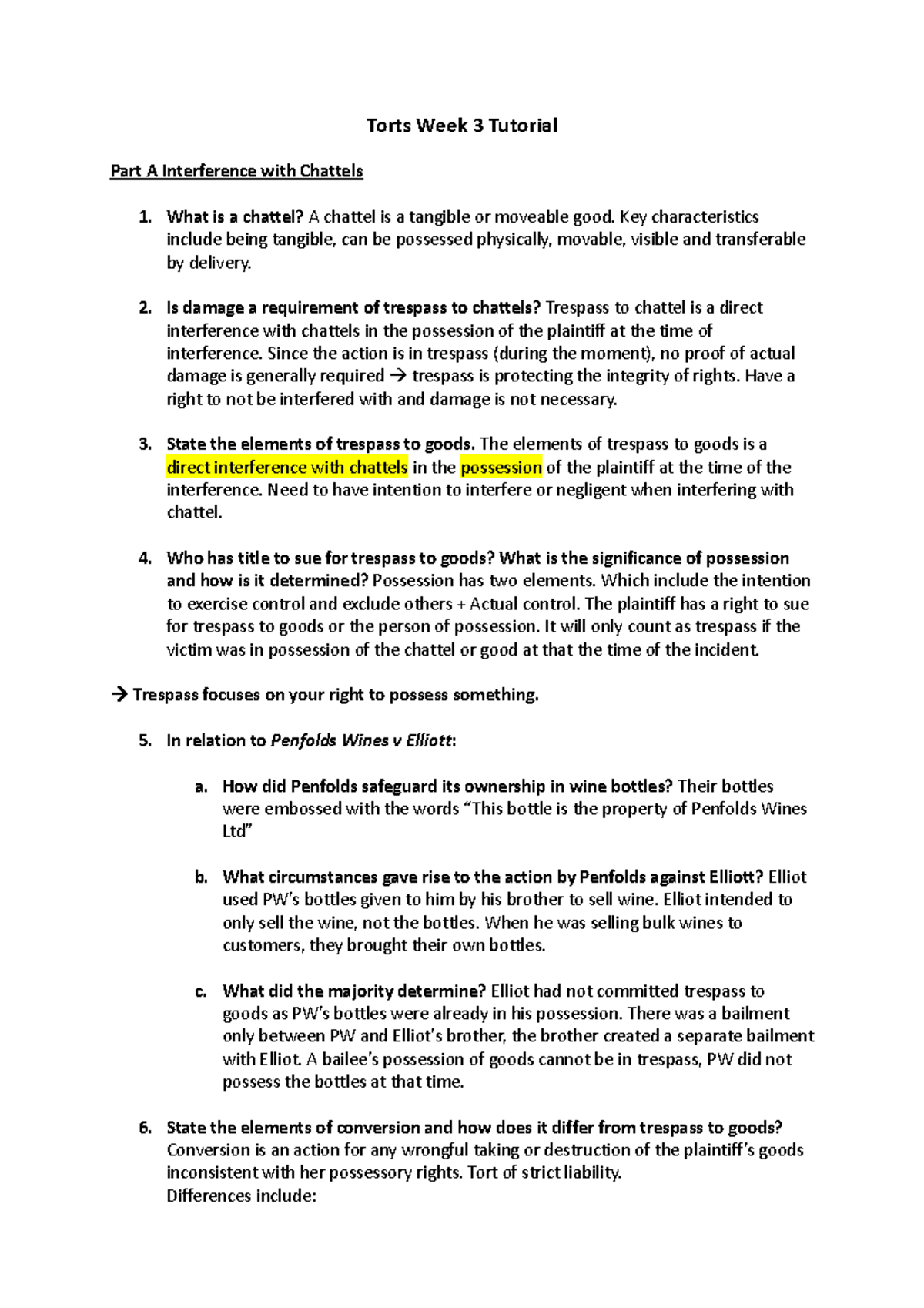 Week 3 tutorial - dddddd - Torts Week 3 Tutorial Part A Interference with Chattels 1. What is a ...