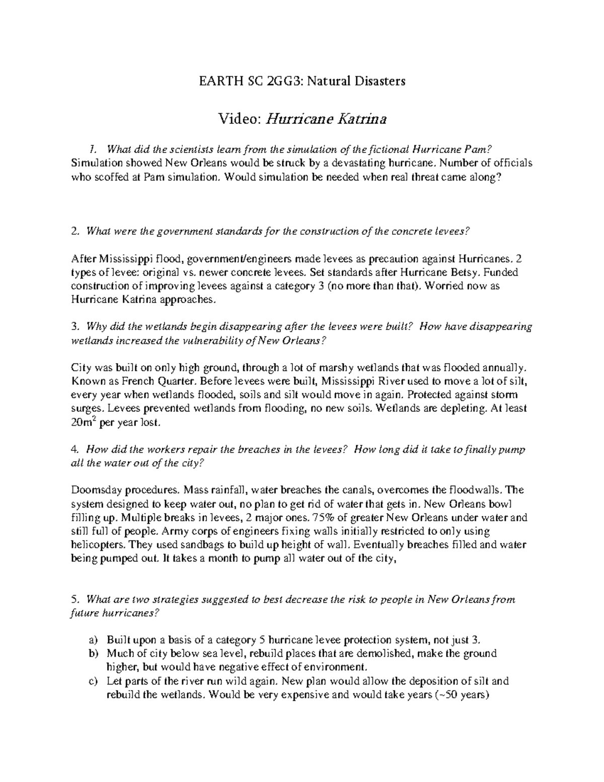 Video Questions - Hurricane Katrina - EARTH SC 2GG3: Natural Disasters ...