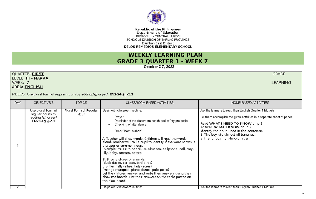 WLP GR3 WK7 Q1 - weekly home learning plan - Republic of the ...
