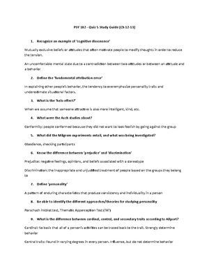 Quiz 5 Study Guide - PSY 102 - Quiz 5 Study Guide (Ch 12-13) Recognize ...