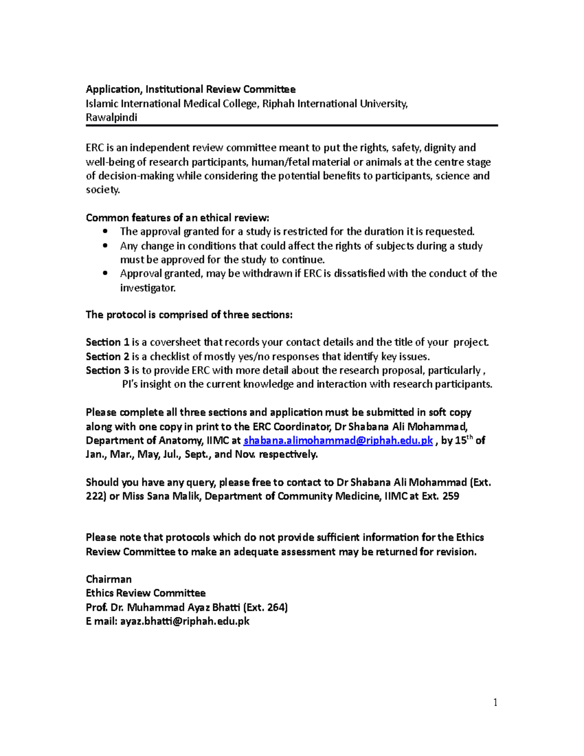 New Proforma CM - Application, Institutional Review Committee Islamic International Medical ...
