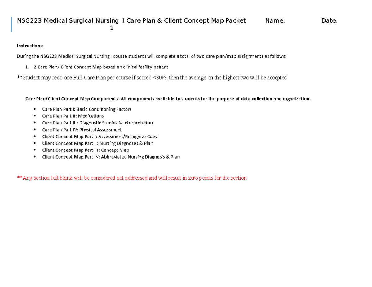 NSG 223 JDrevised Care Plan Client Concept Map Packet Final - NSG223 ...