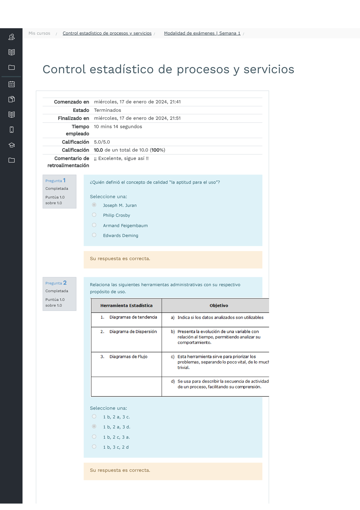 Modalidad de exámenes Semana 1 Revisión del intento - Control estadístico de procesos y ...