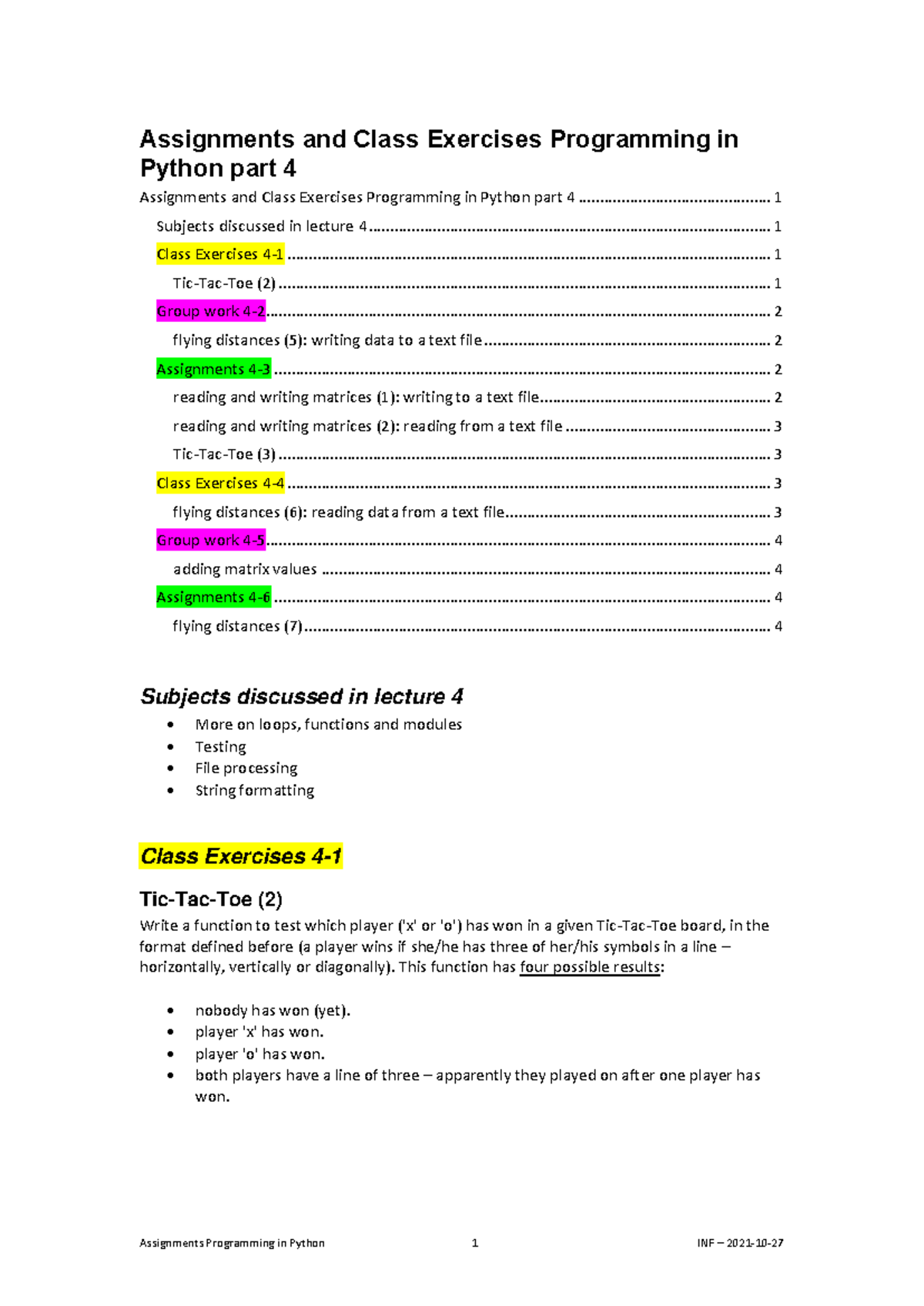 Assignment and Class Exercises Programming in Python Part 4 - - Studeersnel