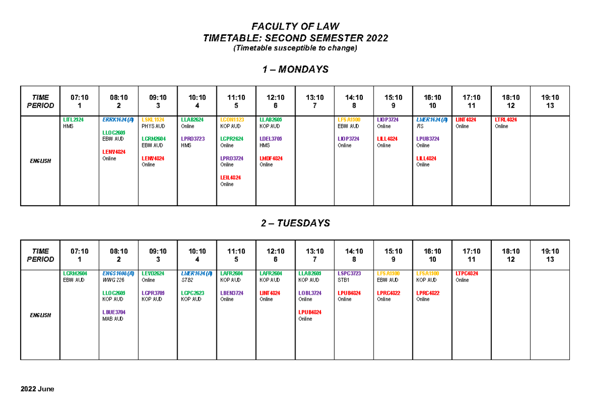 2nd Sem Class Timetable 2022 - 2022 June FACULTY OF LAW TIMETABLE ...