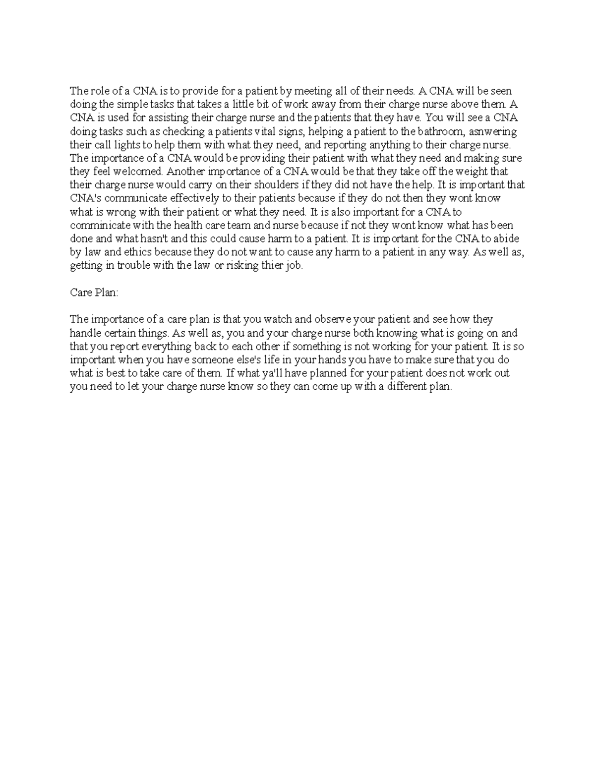 CNA ROLE - nurse aid notes - The role of a CNA is to provide for a ...