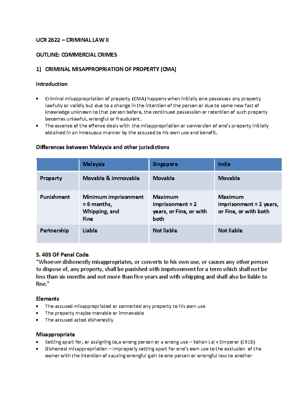 366207 Outlines - Commercial Crimes 1 - UCR 2622 – CRIMINAL LAW II ...