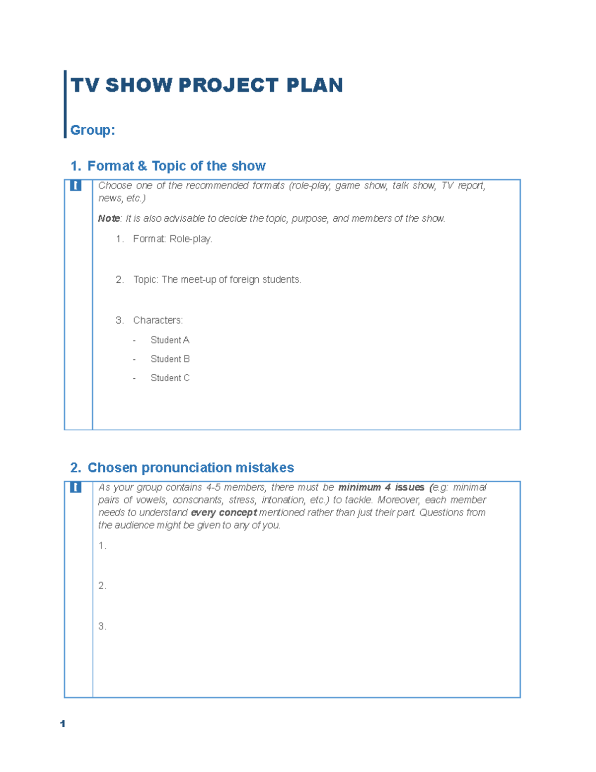 TV SHOW Project PLAN format - TV SHOW PROJECT PLAN Group: 1. Format ...