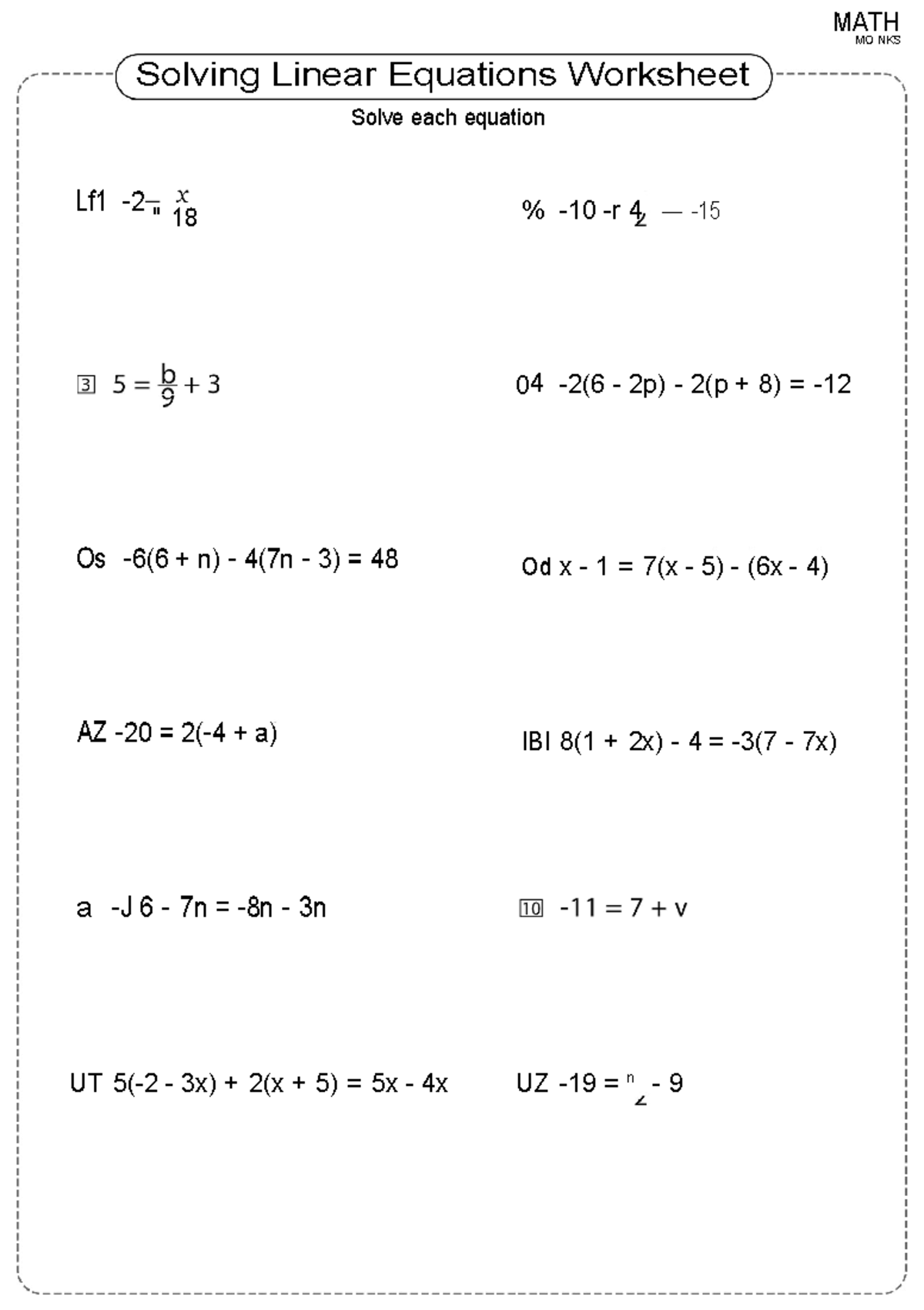 Linear Equation Problems Worksheet - Mathematics Education - MATH MO ...