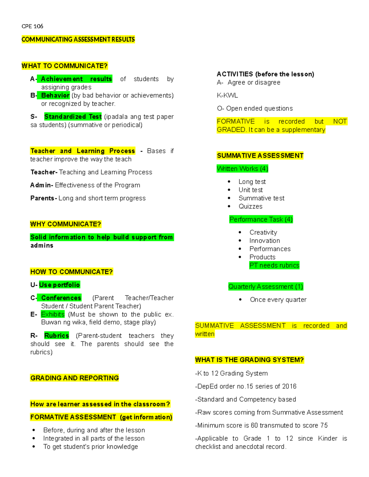 Communicating Assessment Results - CPE 106 COMMUNICATING ASSESSMENT ...