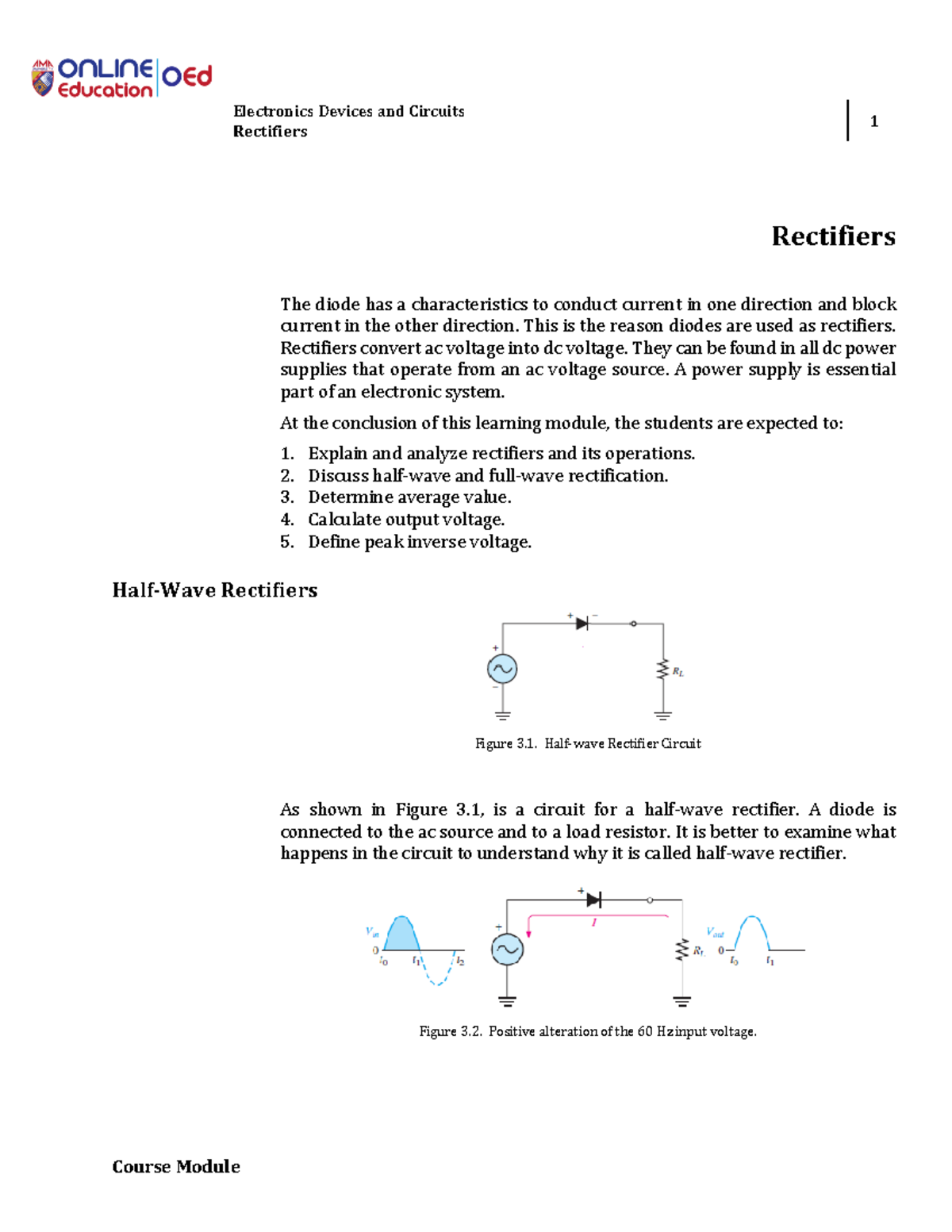 Week 3 - Lesson 3 - Rectifiers - Electronics Devices and Circuits Rectifiers 1 Course Module ...