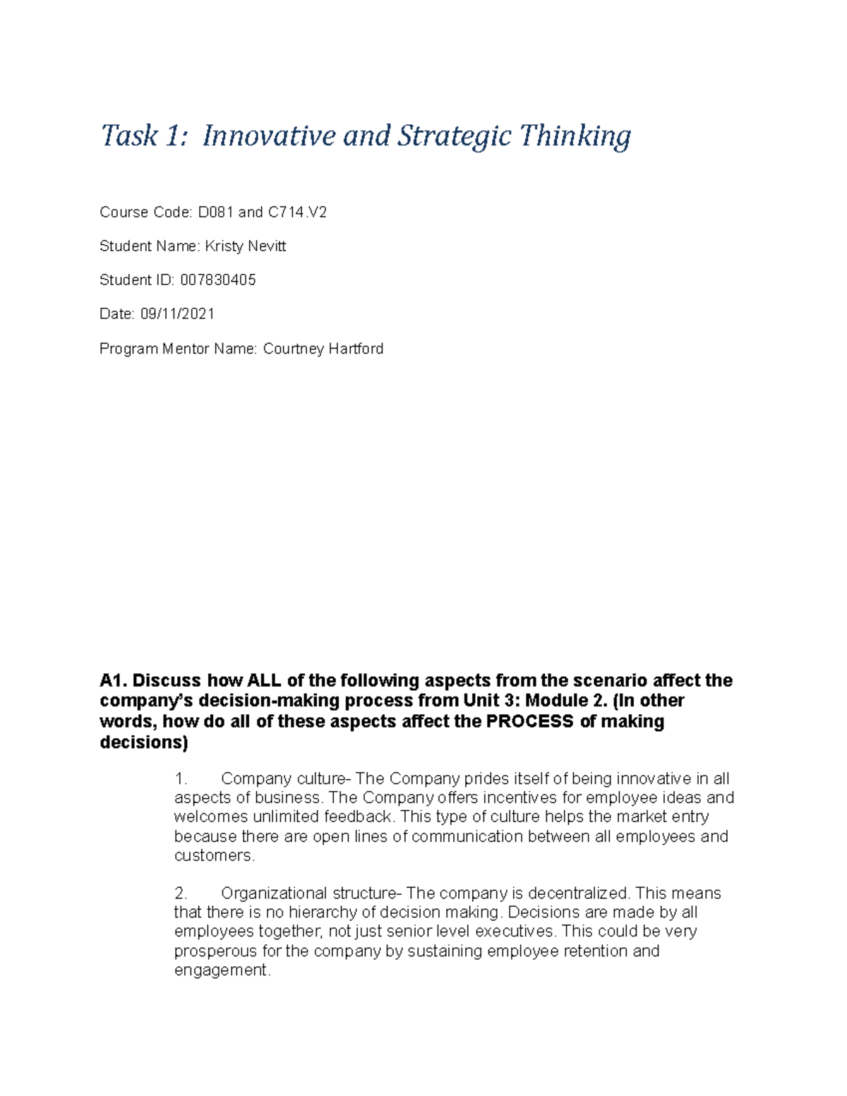 Task 1 Innovative and Strategic thinking - Task 1: Innovative and ...