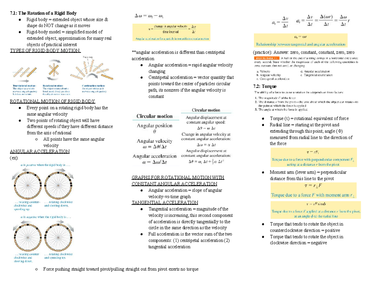 Final Study Guide - 7: The Rotation of a Rigid Body Rigid body ...