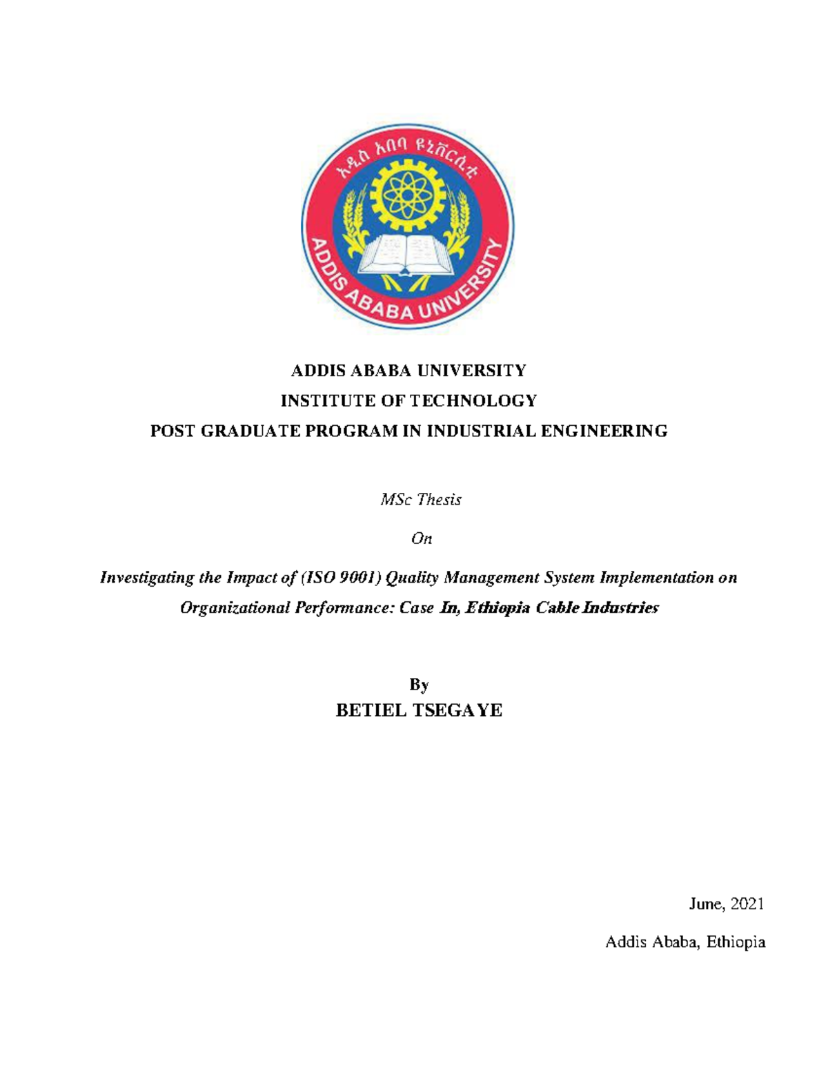 AAUBetiel Tsegaye - ADDIS ABABA UNIVERSITY INSTITUTE OF TECHNOLOGY POST ...