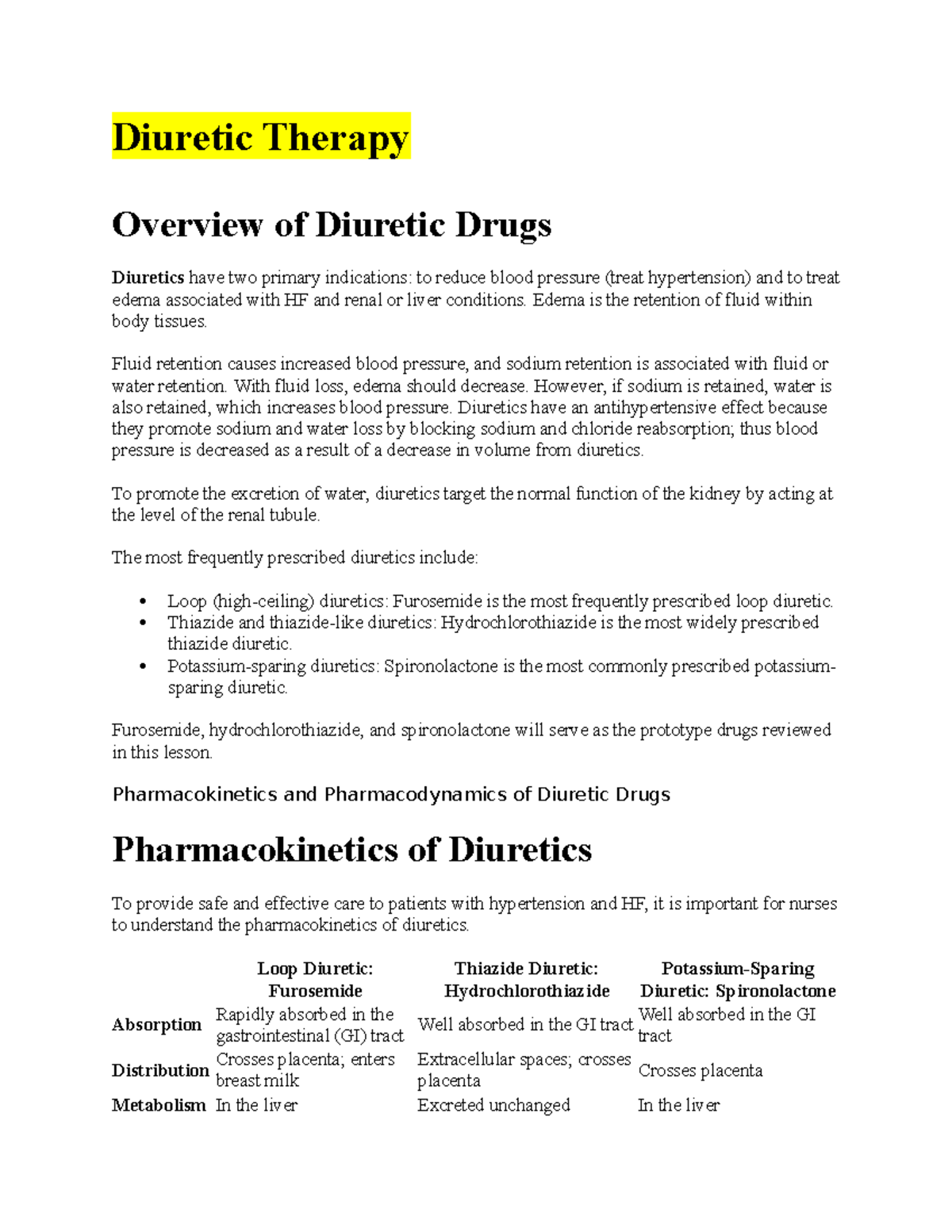Diuretic Therapy - Sherpath Lesson with pharmacokinetics ... Diuretic Therapy - Sherpath Lesson with pharmacokinetics ...