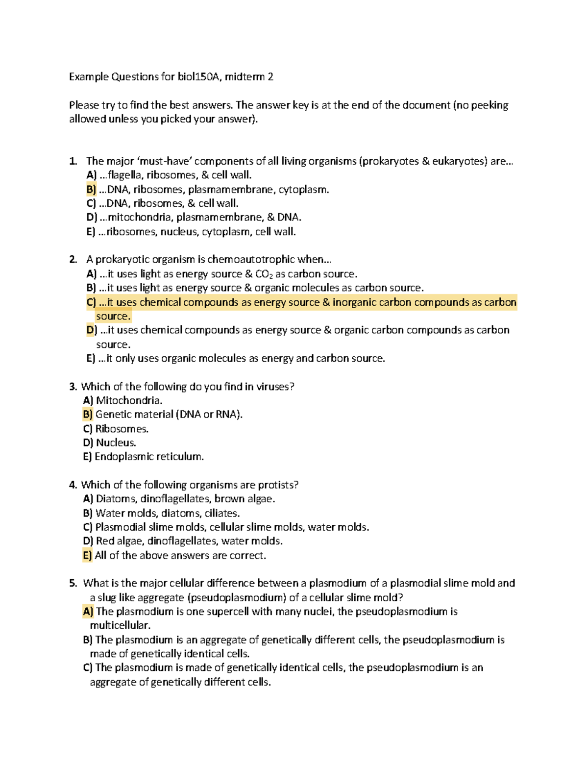Exam 2016, questions and answers - Example Questions for biol150A ...