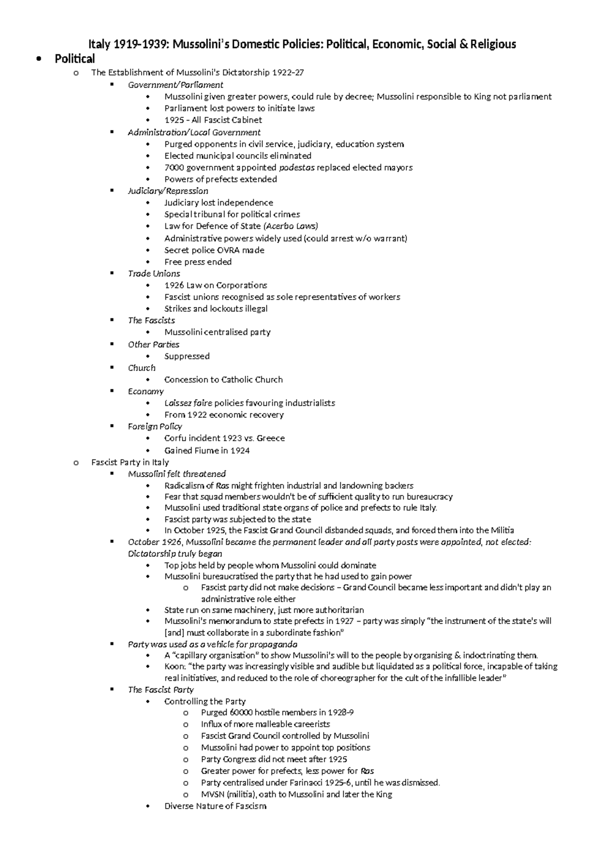 Italy 1919-1939 - Mussolini's Domestic and Foreign Policy - Italy 1919 ...