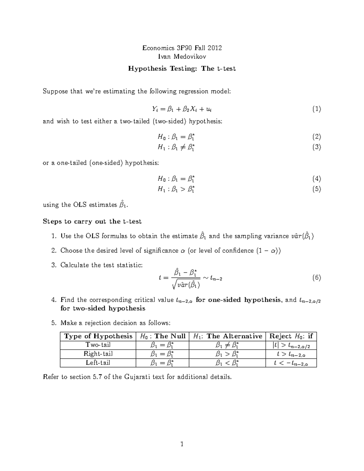Hypothesis+Testing - Economics 3P90 Fall 2012 Ivan Medovikov Hypothesis ...