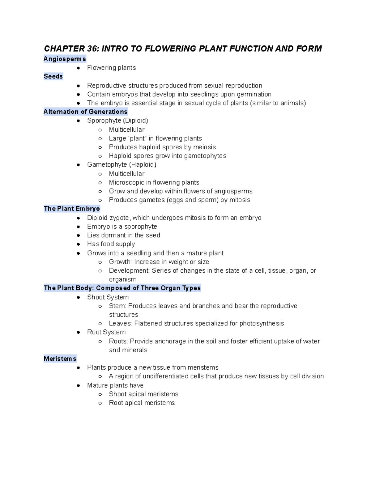 Biology II Exam 2 - Dr. Tice - CHAPTER 36: INTRO TO FLOWERING PLANT ...