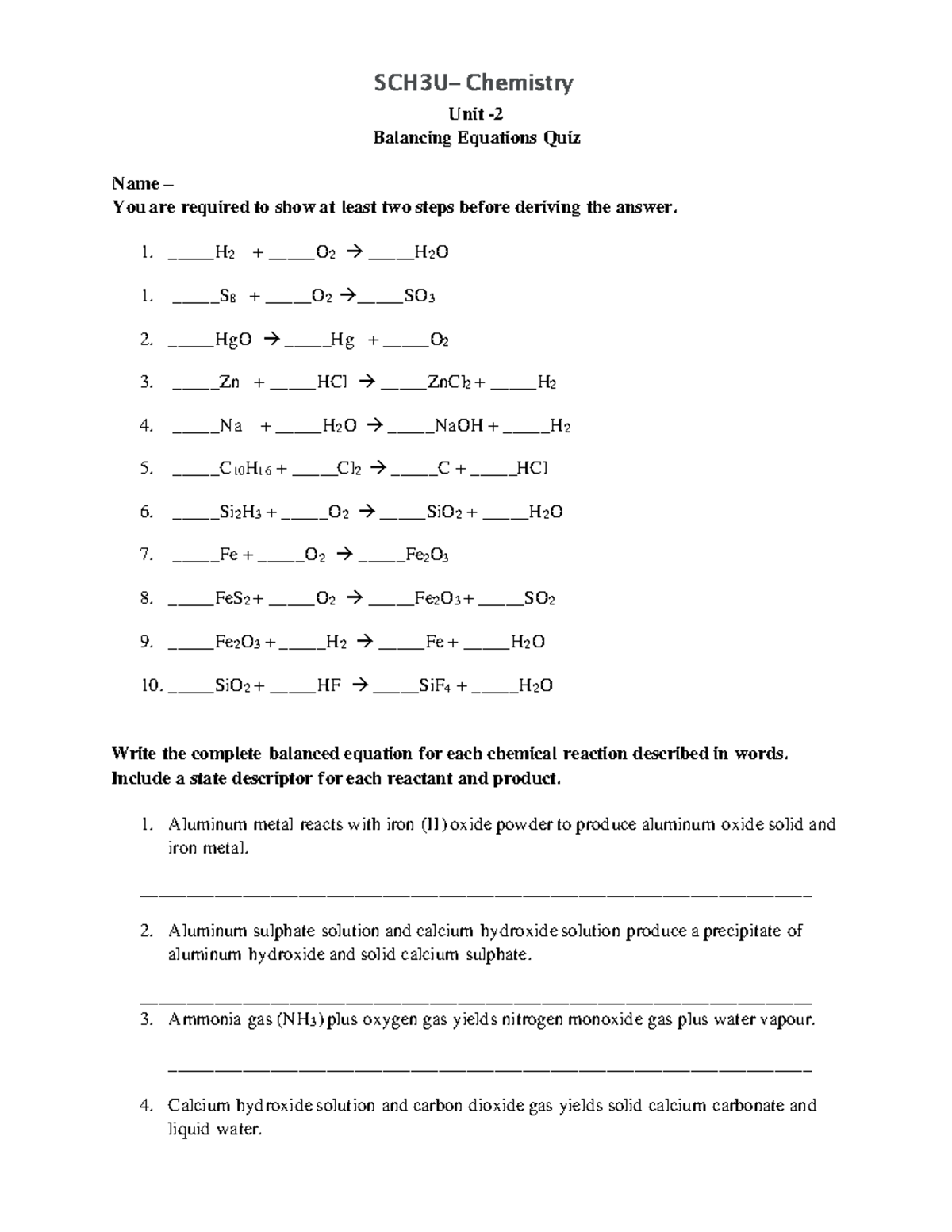 Balancing Equations - Quiz SCH3U-A - SCH3U- Chemistry Unit - Balancing ...