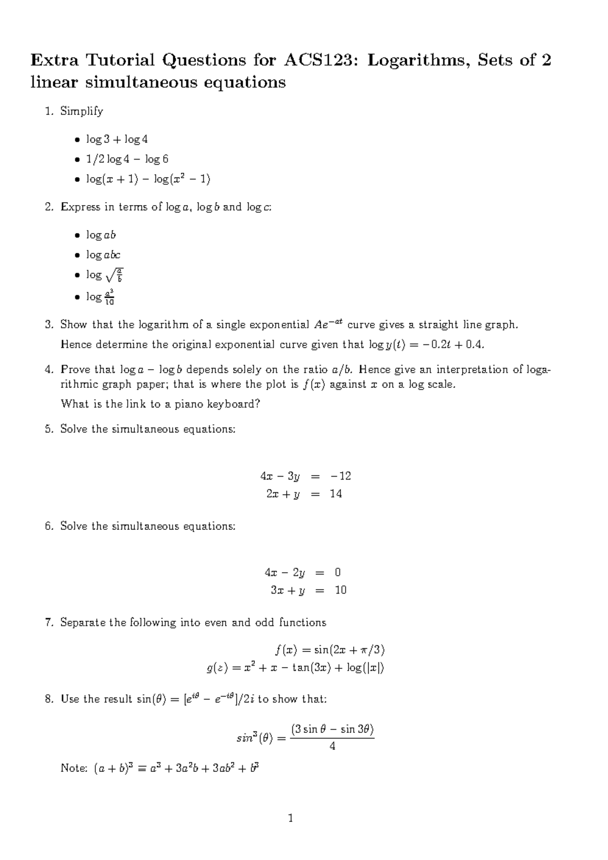 Week3 tutorial 0 - Extra Tutorial Questions for ACS123: Logarithms, Sets of 2 linear ...
