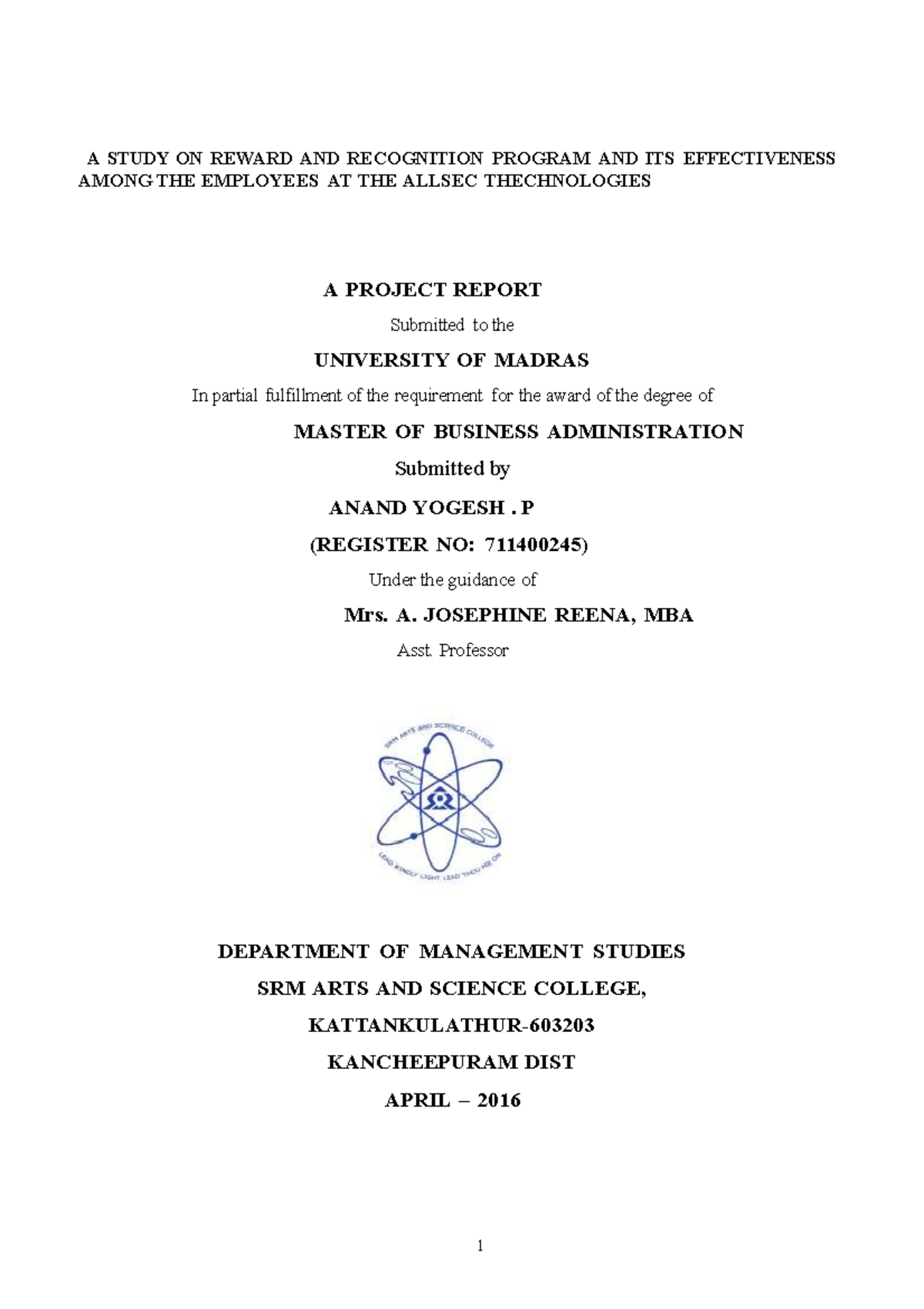 Project Supriya - notes - 1 A STUDY ON REWARD AND RECOGNITION PROGRAM ...