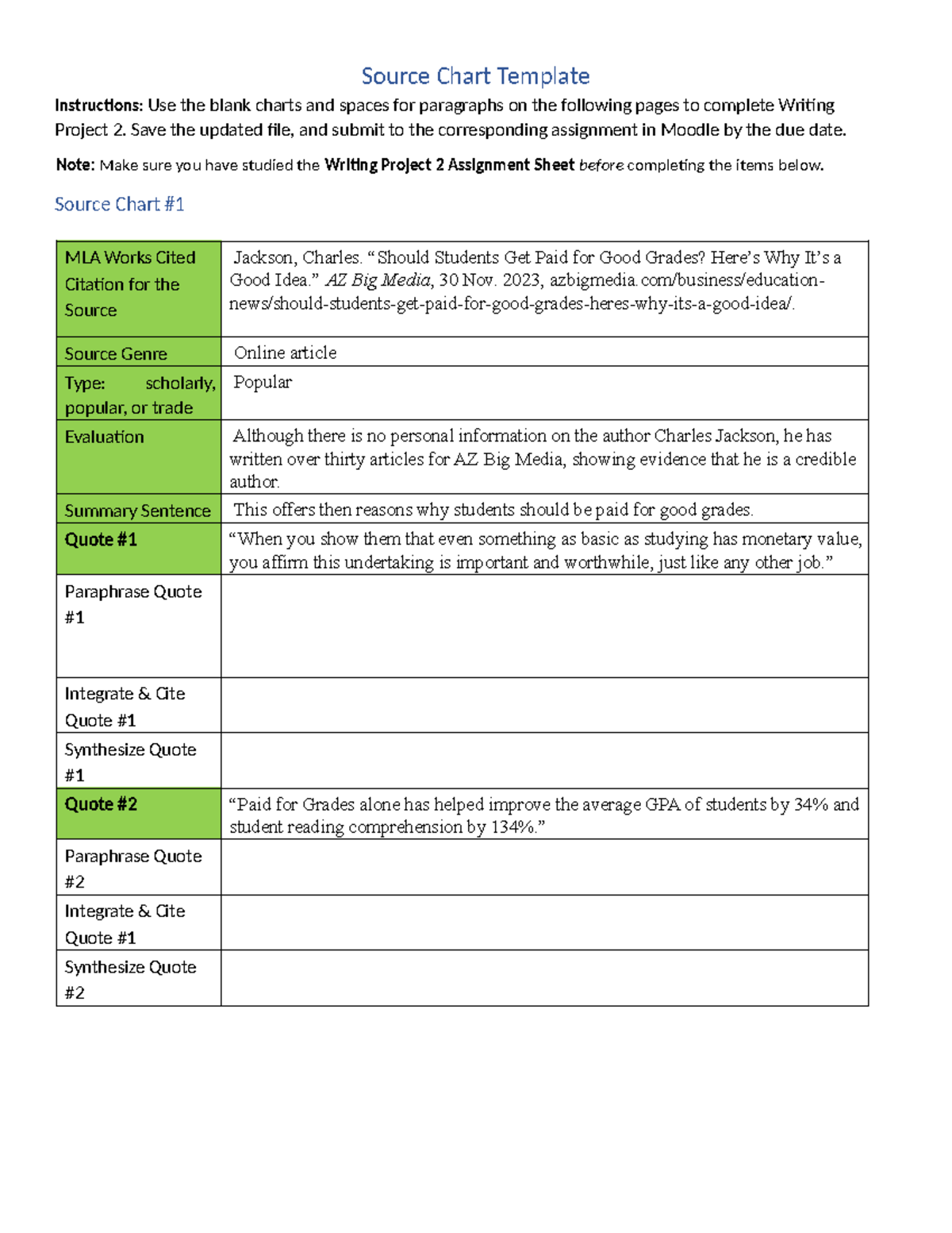 English Source Chart Template for Writing Project 2 - ENG 111 - First ...