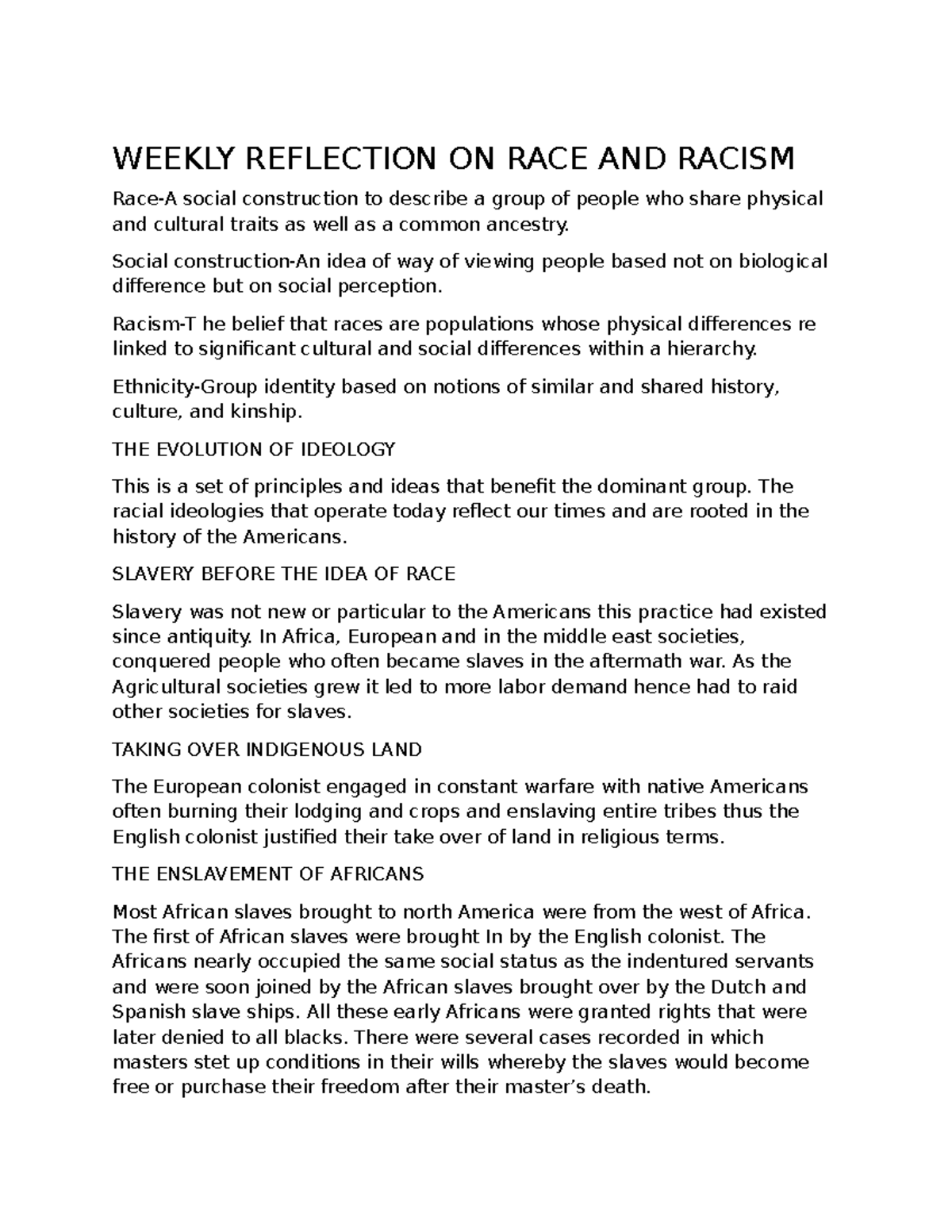 Weekly Reflection ON RACE AND Racism - WEEKLY REFLECTION ON RACE AND ...