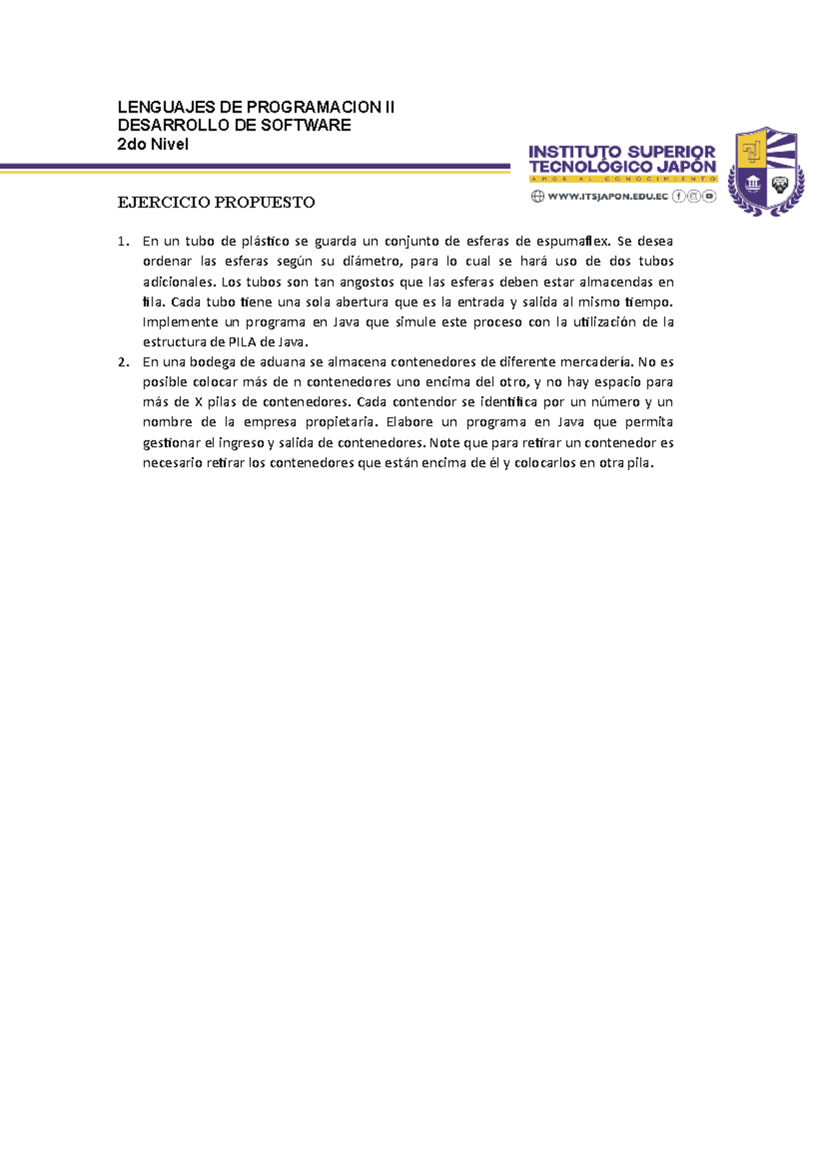 Ejercicios Propuestos Pilas- Colas - LENGUAJES DE PROGRAMACION II ...