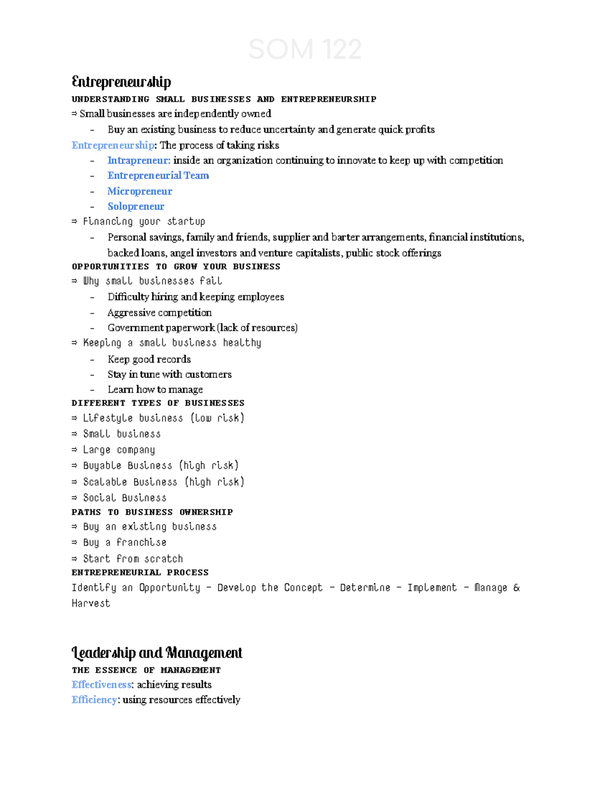 Som122 final study guide - Entrepreneurship UNDERSTANDING SMALL ...