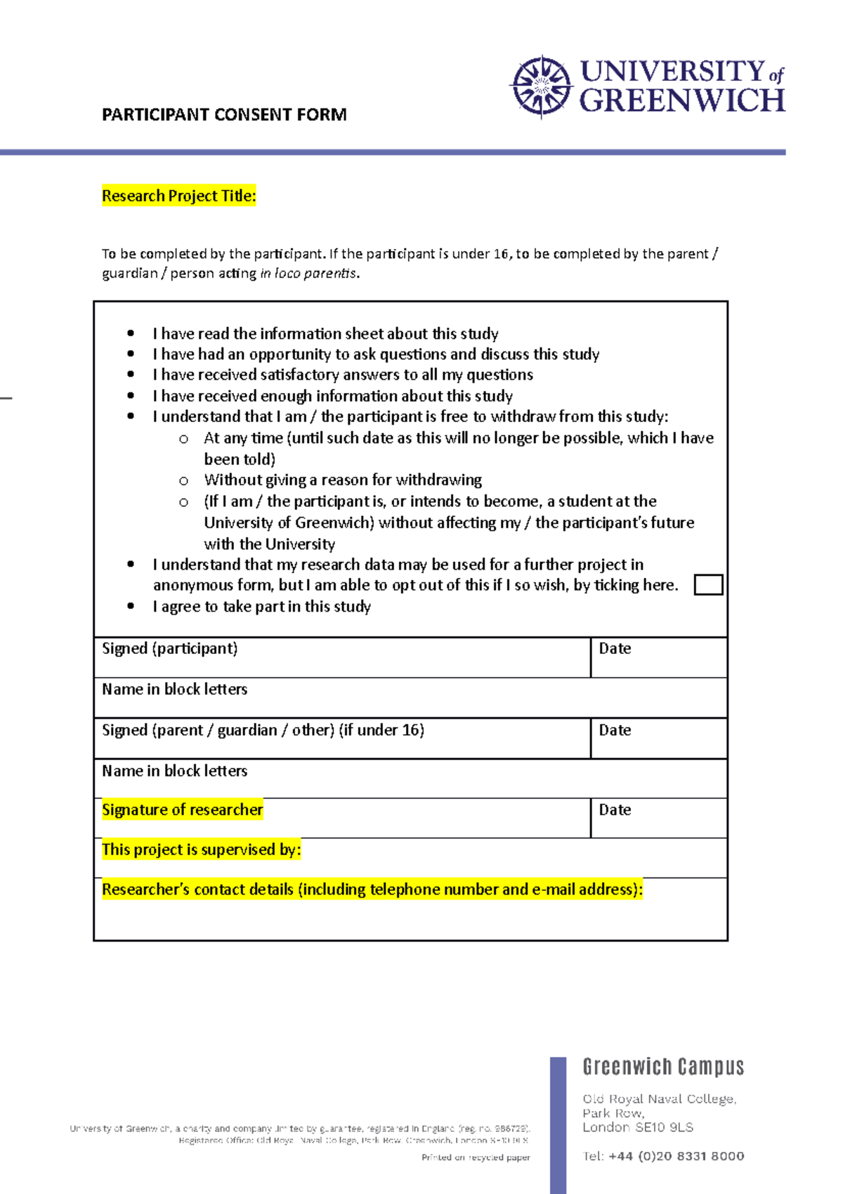 Participant Consent Form Template 2020 - Studocu